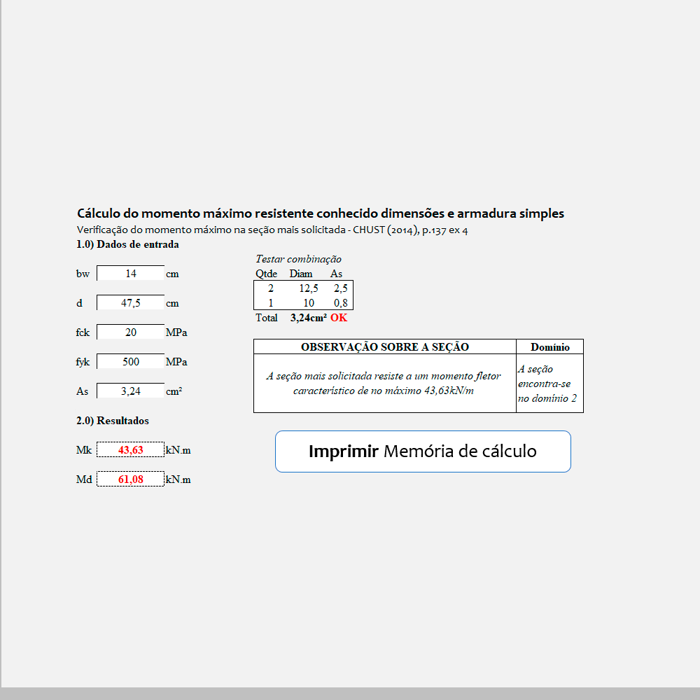 Momento máximo resistente de uma viga - Planilha